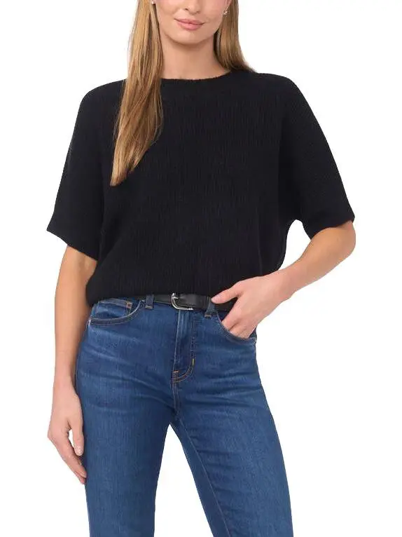 Halogen Short Sleeve Ribbed Crewneck Sweater - Rich Black