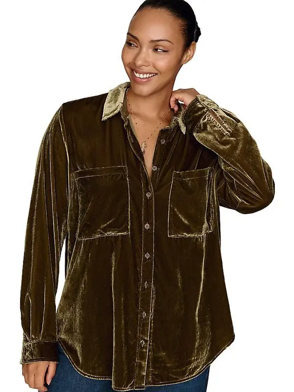 PILCRO Hadley Velvet Relaxed Button-down Shirt - Deep Olive