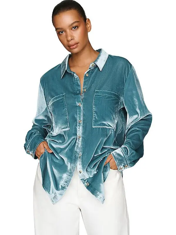 PILCRO Hadley Velvet Relaxed Button-down Shirt - Light Blue