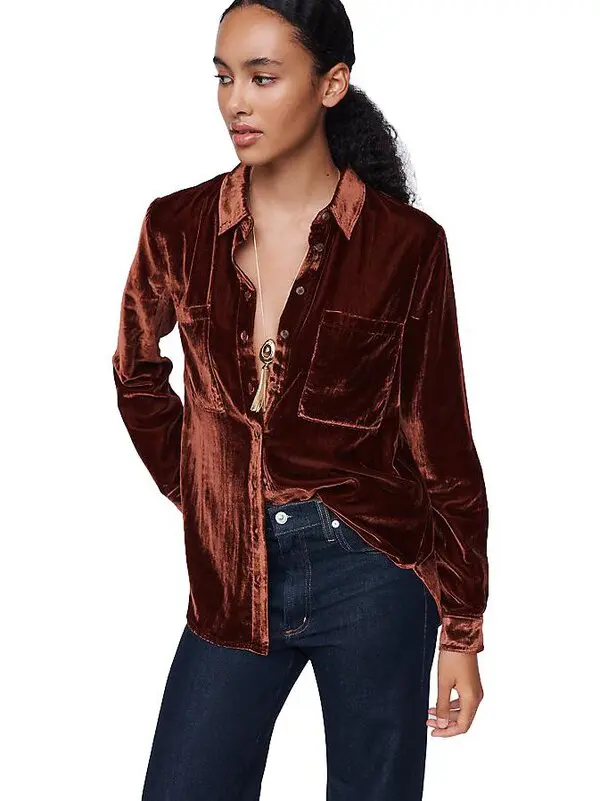 PILCRO Hadley Velvet Relaxed Button-down Shirt - Rust