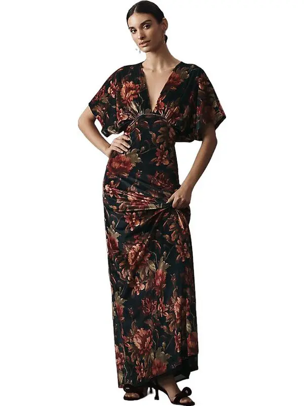 Bhldn Amelia Deep-v Stretch Velvet Maxi Dress - Black Pattern