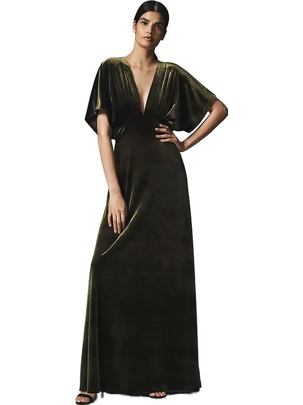 Bhldn Amelia Deep-v Stretch Velvet Maxi Dress - Olive Green