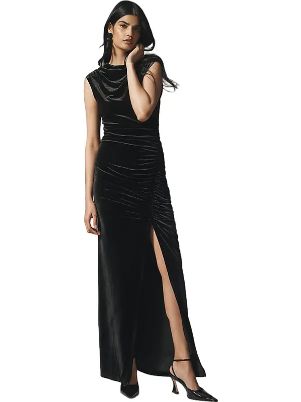 Bhldn Francesca High-neck Stretch Velvet Maxi Dress - Black