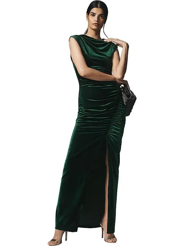 Bhldn Francesca High-neck Stretch Velvet Maxi Dress - Emerald Green