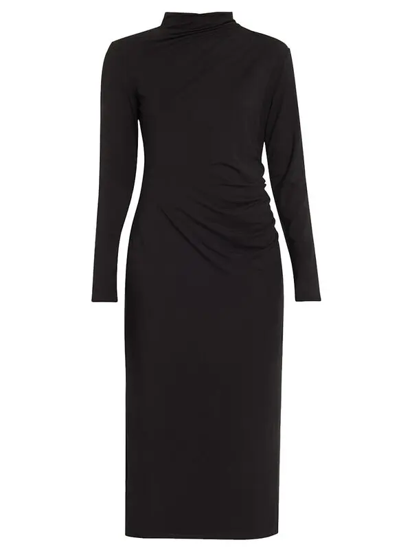Vince Long-sleeve Ruched Turtleneck Midi Dress - Black