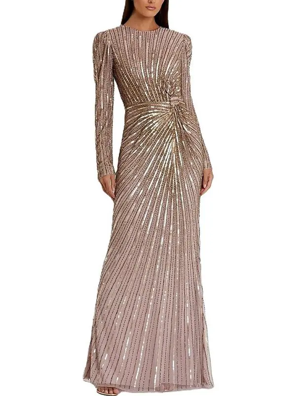 Mac Duggal Embellished Puff Sleeve Side Knot Gown - Mocha