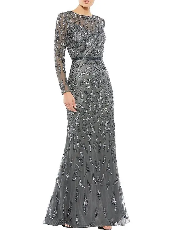 Mac Duggal Beaded Long Sleeve Evening Gown - Charcoal