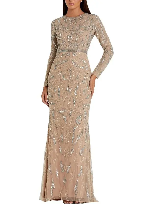 Mac Duggal Beaded Long Sleeve Evening Gown - Mocha