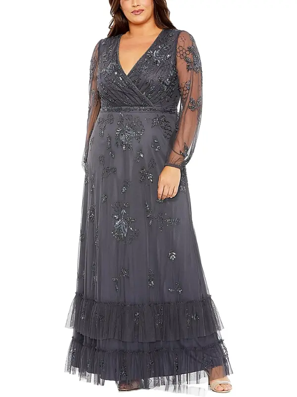Mac Duggal Plus Embellished Tiered Gown - Charcoal