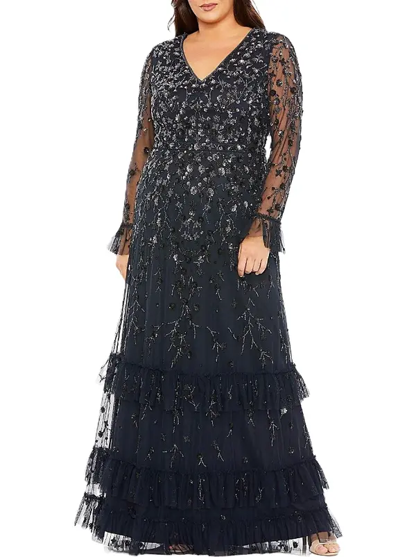 Mac Duggal Plus V-neck Embellished Gown With Long Flutter Sleeves - Midnight