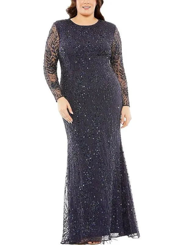 Mac Duggal Long Sleeve Mesh Embellished Gown - Midnight