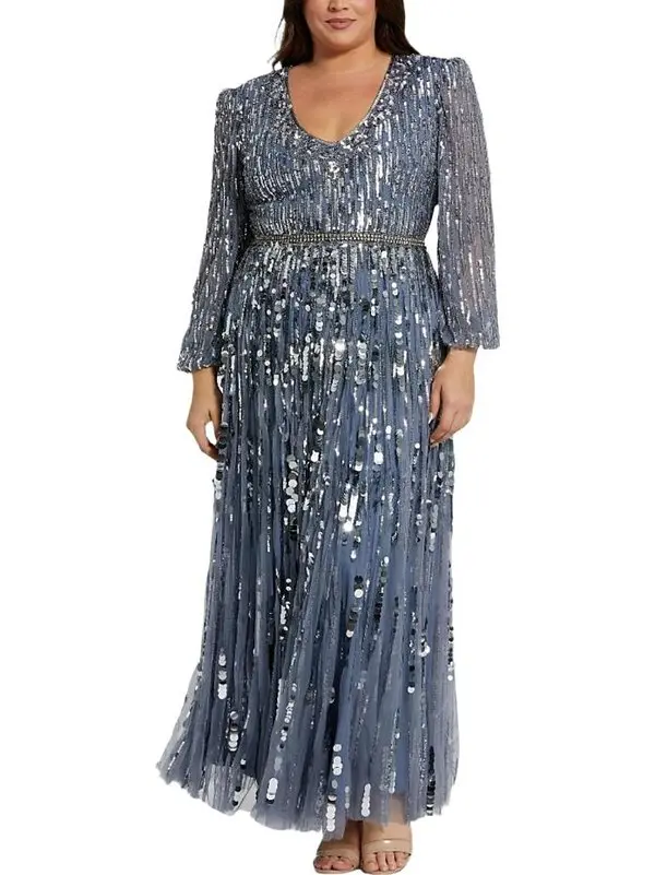 Mac Duggal Long Sleeve Beaded Crystal V-neck Gown - Slate Blue