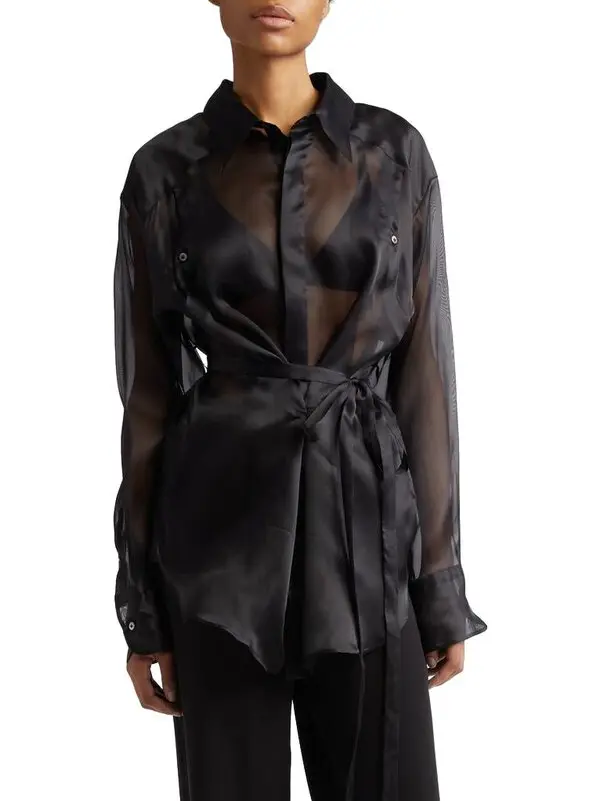SETCHU Geisha Belted Silk Organza Shirt - Black