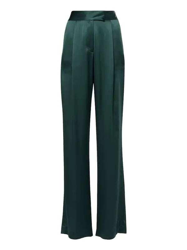 THE SEI Pleated Silk Charmeuse Wide-leg Pants - Green