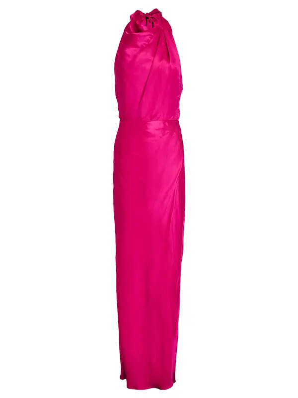 NICHOLAS Draped Satin Halterneck Maxi Dress - Magenta
