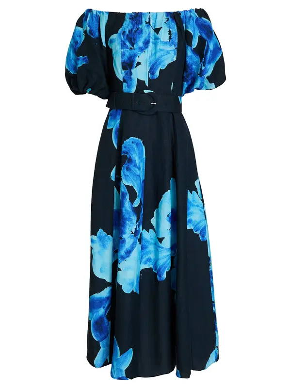 NICHOLAS Off-the-shoulder Floral-print Linen-blend Midi Dress - Navy
