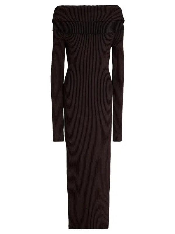 NICHOLAS Off-the-shoulder Ribbed Knit Maxi Dress - Dark Brown