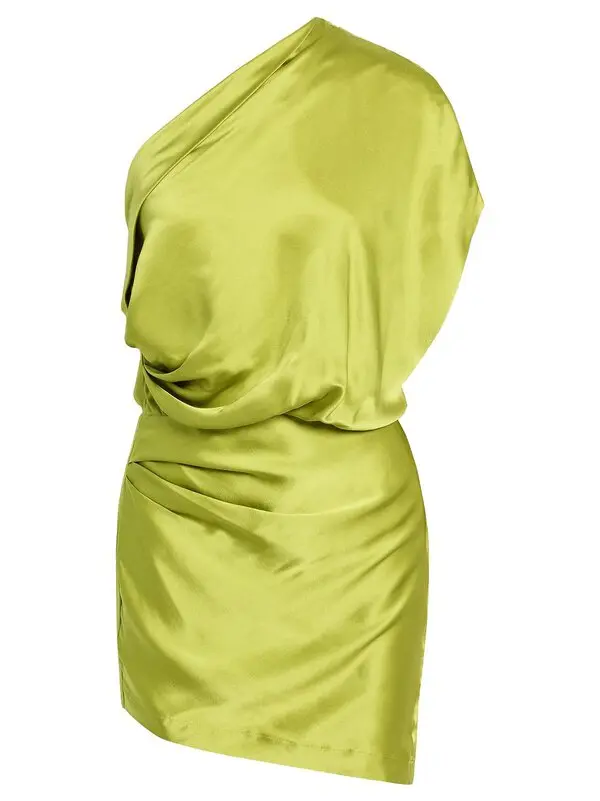 Michelle Mason One-shoulder Draped Silk-satin Mini Dress - Lime Green