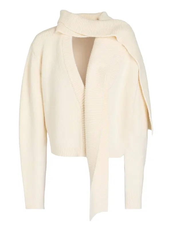 Alice + Olivia Cropped Knitted Cardigan With Detachable Scarf - Ecru