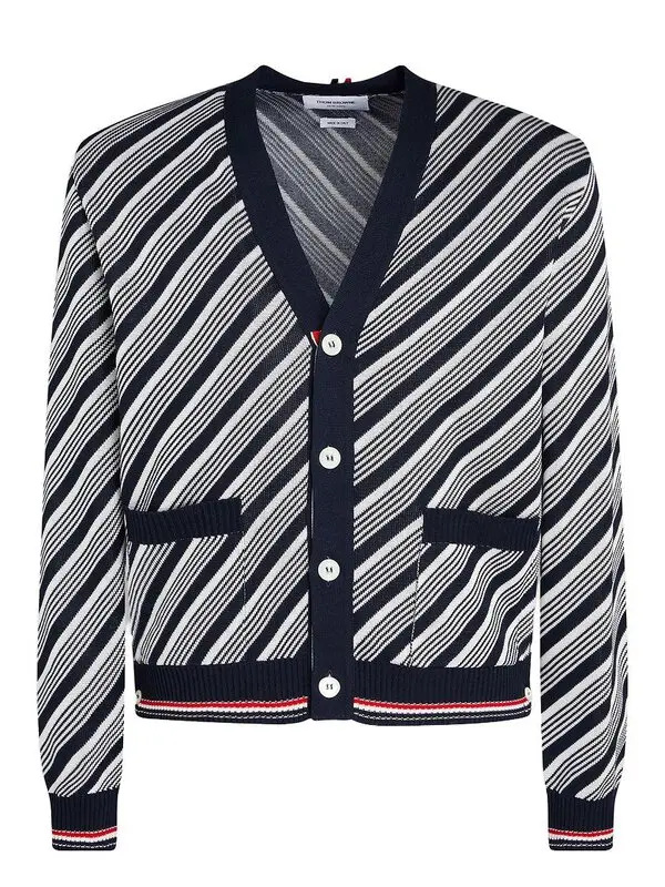 Thom Browne Striped Silk And Cottonblend Cardigan - Navy