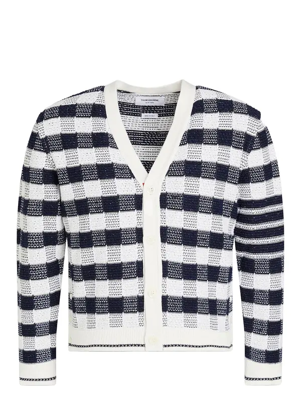 Thom Browne Checked Jacquard-knit Cotton-blend Cardigan - Navy