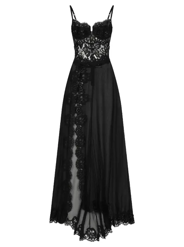 Dolce & Gabbana Long Silk Chiffon And Chantilly Lace Slip Dress - Black
