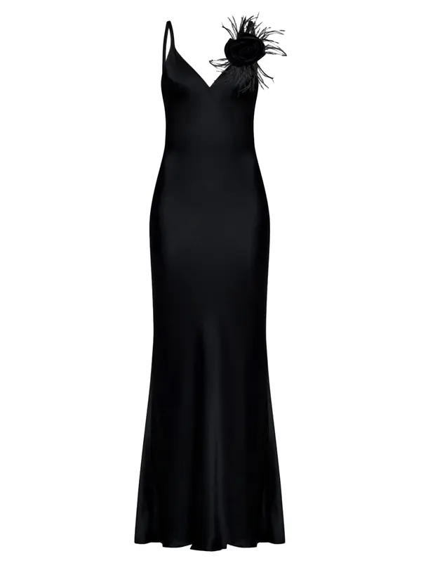 ROOM76 Rose-appliqué Satin Maxi Dress - Black