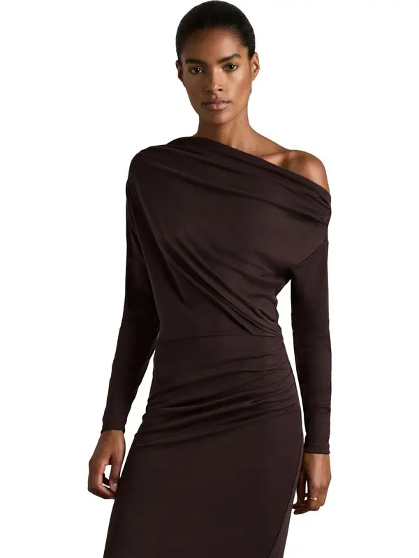 REISS Fleur Off-the-shoulder Ruched Jersey Midi Dress - Brown