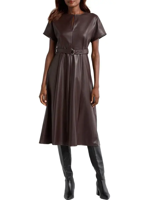 Halogen Faux Leather Midi Dress - Coffee Beige