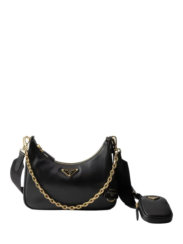 Prada Re-edition 2005 Leather Bag With Chain And Woven Strap - Black