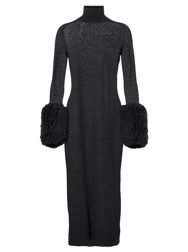 Alaïa Faux Shearling-trimmed Virgin Wool Midi Dress - Black