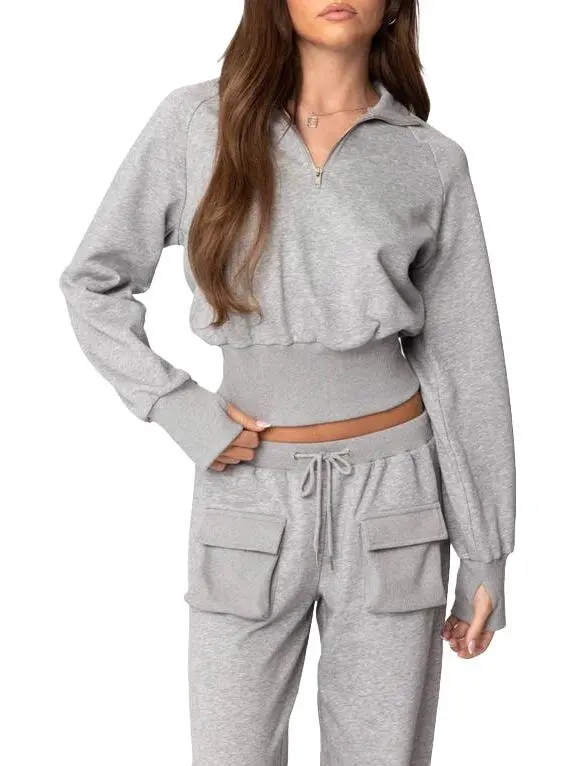 EDIKTED Bailey French Terry Crop Quarter Zip Sweatshirt - Gray Melange