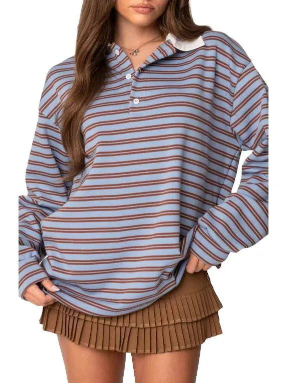 EDIKTED Stripe Long Sleeve Oversize Polo - Blue