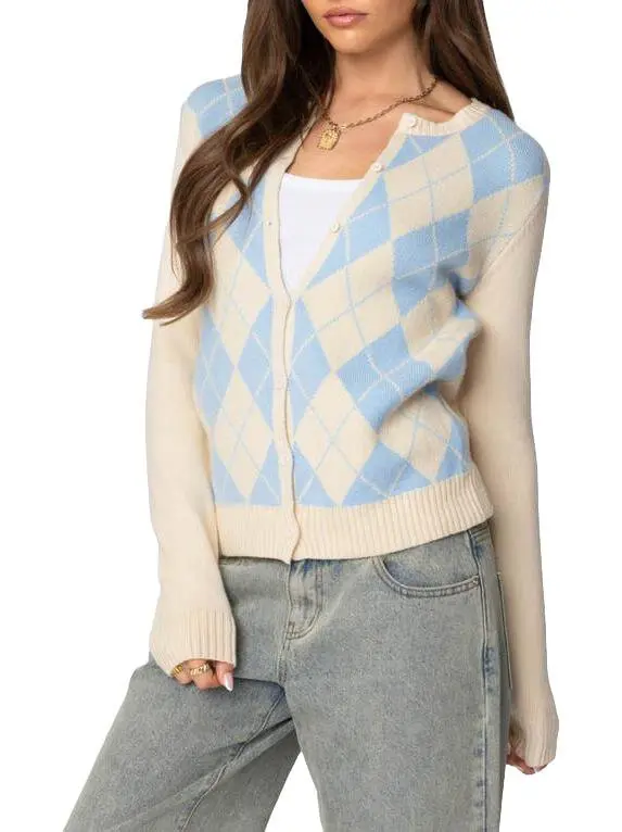 EDIKTED Maybelle Argyle Cardigan - Cream And Blue