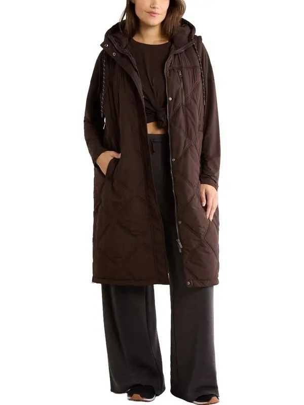Zella Long Hooded Puffer Vest - Brown Mole
