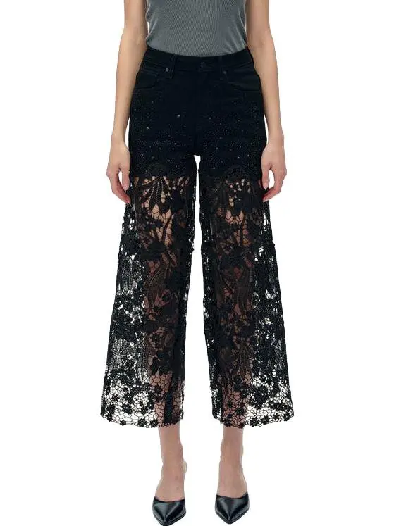 BAYEAS High-waist Crystal-embellished Lace Wide-leg Jeans - Black
