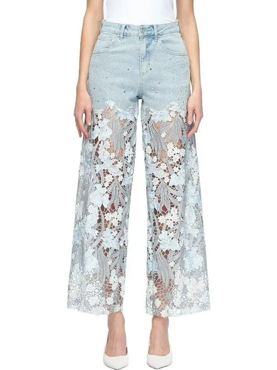 BAYEAS High-waist Crystal-embellished Lace Wide-leg Jeans - Lesley Blue