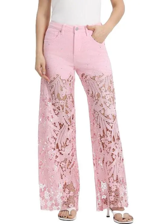 BAYEAS High-waist Crystal-embellished Lace Wide-leg Jeans - Pink