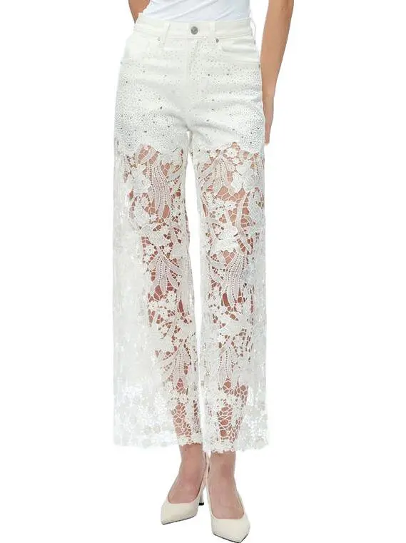 BAYEAS High-waist Crystal-embellished Lace Wide-leg Jeans - White
