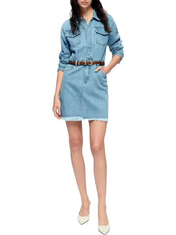 BAYEAS Resa Long-sleeve Fray Hem Denim Mini Shirtdress - Light Blue