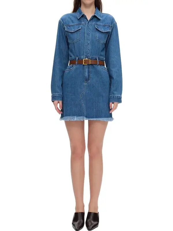 BAYEAS Resa Long-sleeve Fray Hem Denim Mini Shirtdress - Medium Blue