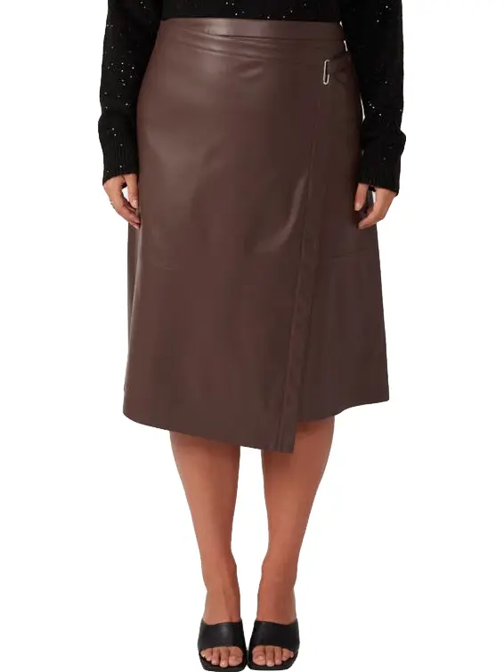 ESTELLE Michelangelo Faux Leather Wrap Midi Skirt - Chocolate