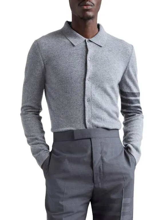 Thom Browne 4-bar Cashmere Polo Cardigan - Light Grey