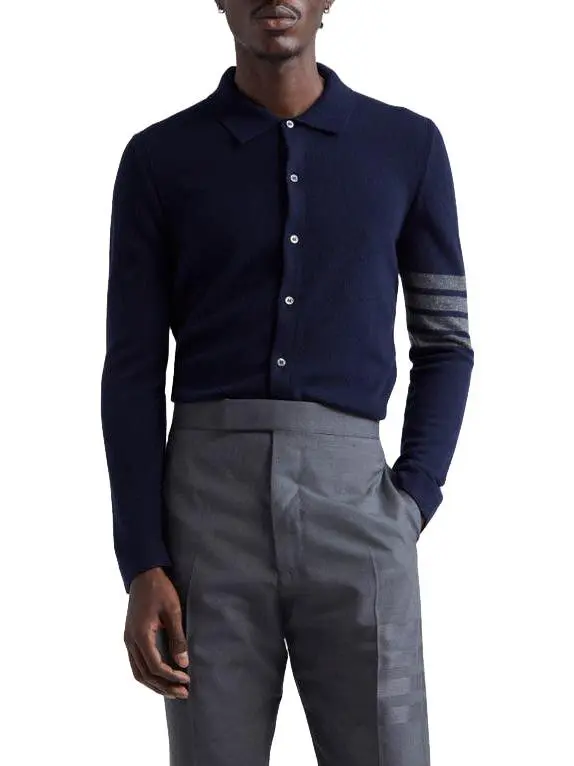 Thom Browne 4-bar Cashmere Polo Cardigan - Navy