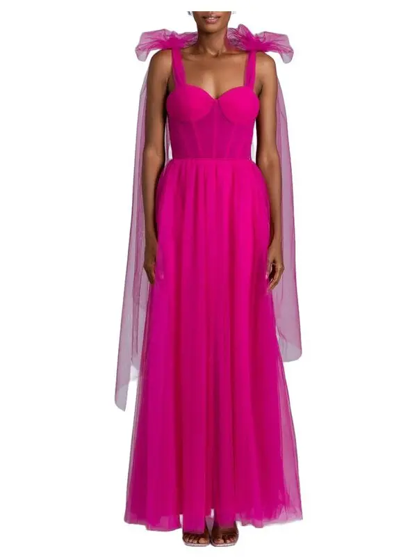 GHRAIL Brianna Tie Shoulder Mesh Gown - Magenta