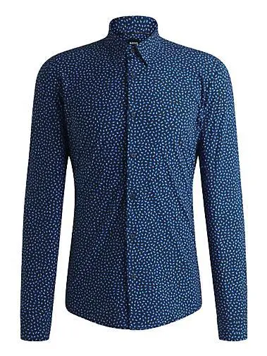 BOSS Geometric-pattern Slim-fit Stretch-jersey Shirt - Navy