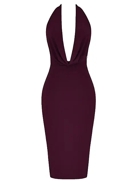 House Of Cb Draped-front Slim-fit Woven Midi Dress - Merlot