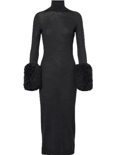 Alaïa Faux Shearling-trimmed Virgin Wool Midi Dress - Black