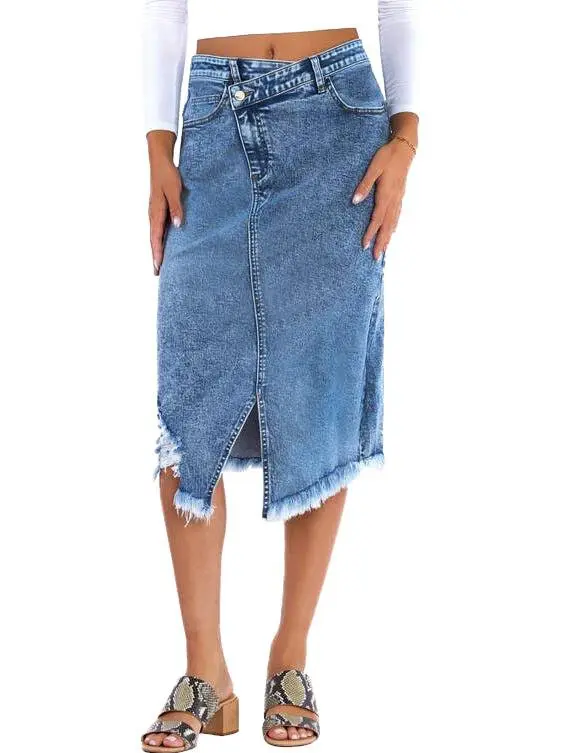 WASH LAB DENIM Crossover Waistband Midi Skirt - Loaded Blue
