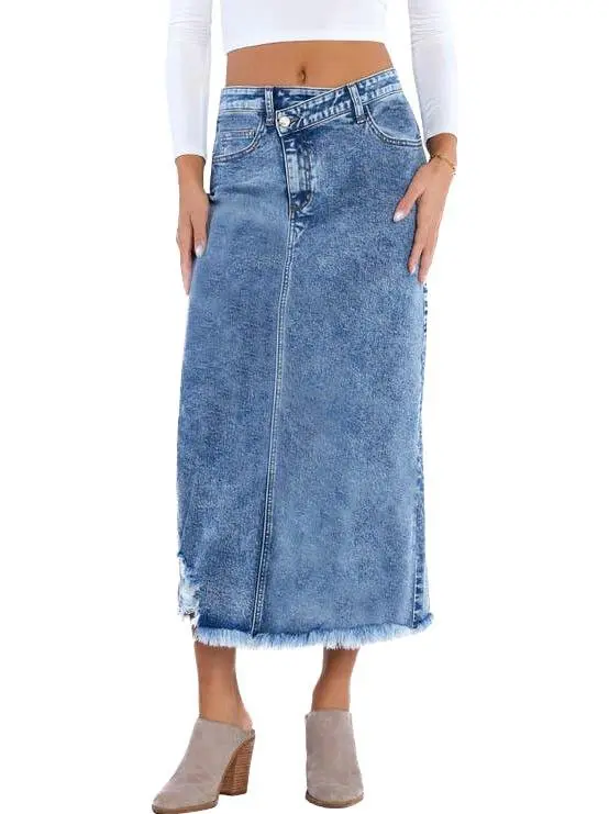 WASH LAB DENIM Mia Crossover Waist Midi Skirt - Mia Blue